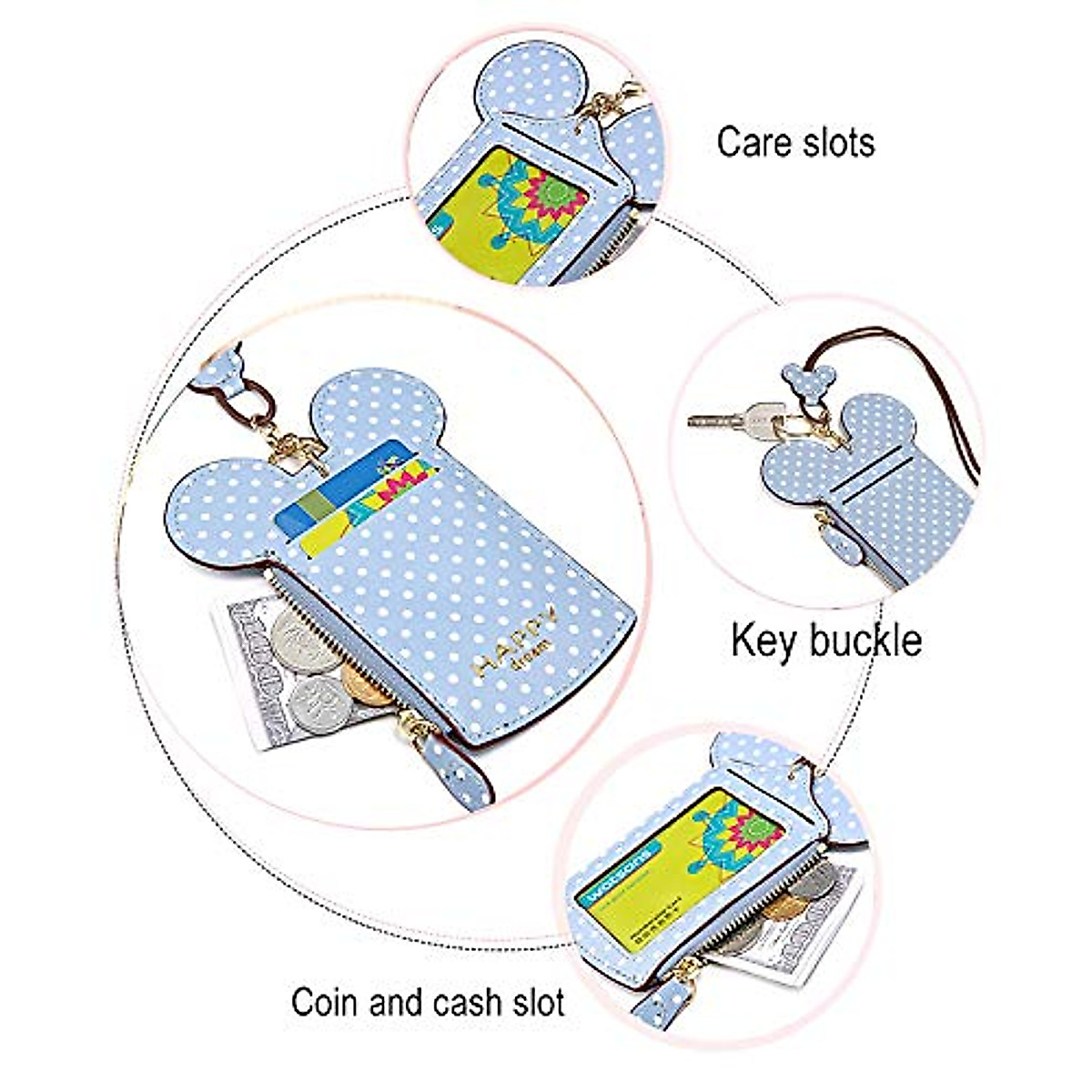 JOSEKO Women Cute Animal Shape Neck Bag Wave Dot Card Holder Lanyard Wallet Coin Purse Sky Blue 5.51''x 0.59''x 2.95''(L x W x H)