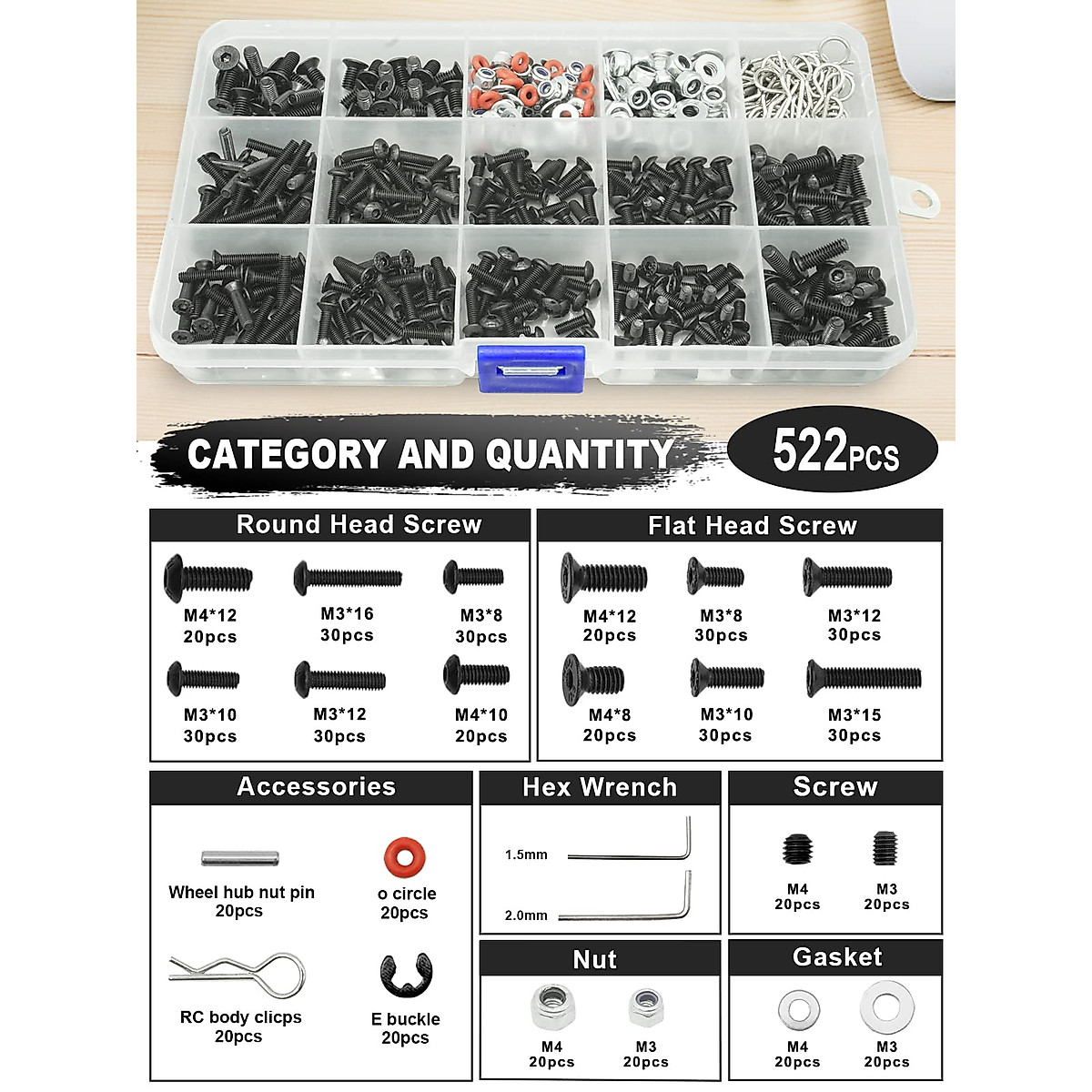 RC Tool Kit Screwdriver Set (Flat, Phillips, Hex) Metal Holder, RC Work Stand, 522PCS Screw Kit, Pliers Set, Body Reamer, Wrench, Tray, Repair Tool for RC Car Boat Quadcopter Helicopter -27pcs (Black)