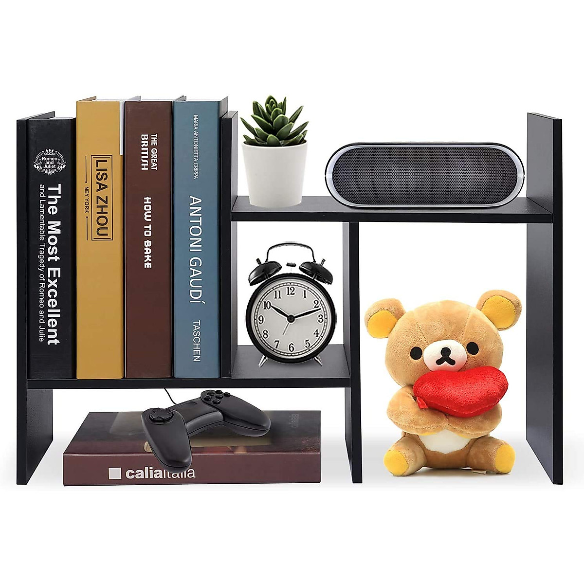 Hossejoy Desktop Organizer Office Storage Rack Adjustable Wood Desk Organizer Display Shelf, Countertop Bookcase Desktop Bookshelf- Free Style Double H Display, Black