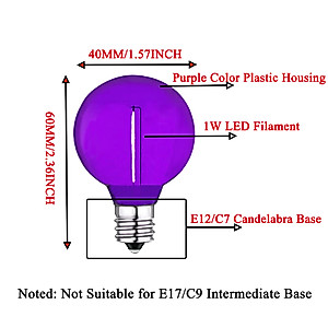 LRSUEYSKIN G40 Purple LED Replacement Bulb 1W Light Bulbs Shatterproof Waterproof LED Outdoor String Lights Decorative Night Light E12/C7 Candelabra Base for Wedding Patio Garden Yard,15 Pack(Purple)