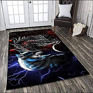Red Blue Dragon and Wolf Rug Area Rug for Living Dinning Room Bedroom Kitchen, Nursery Rug Floor Carpet Yoga Mat