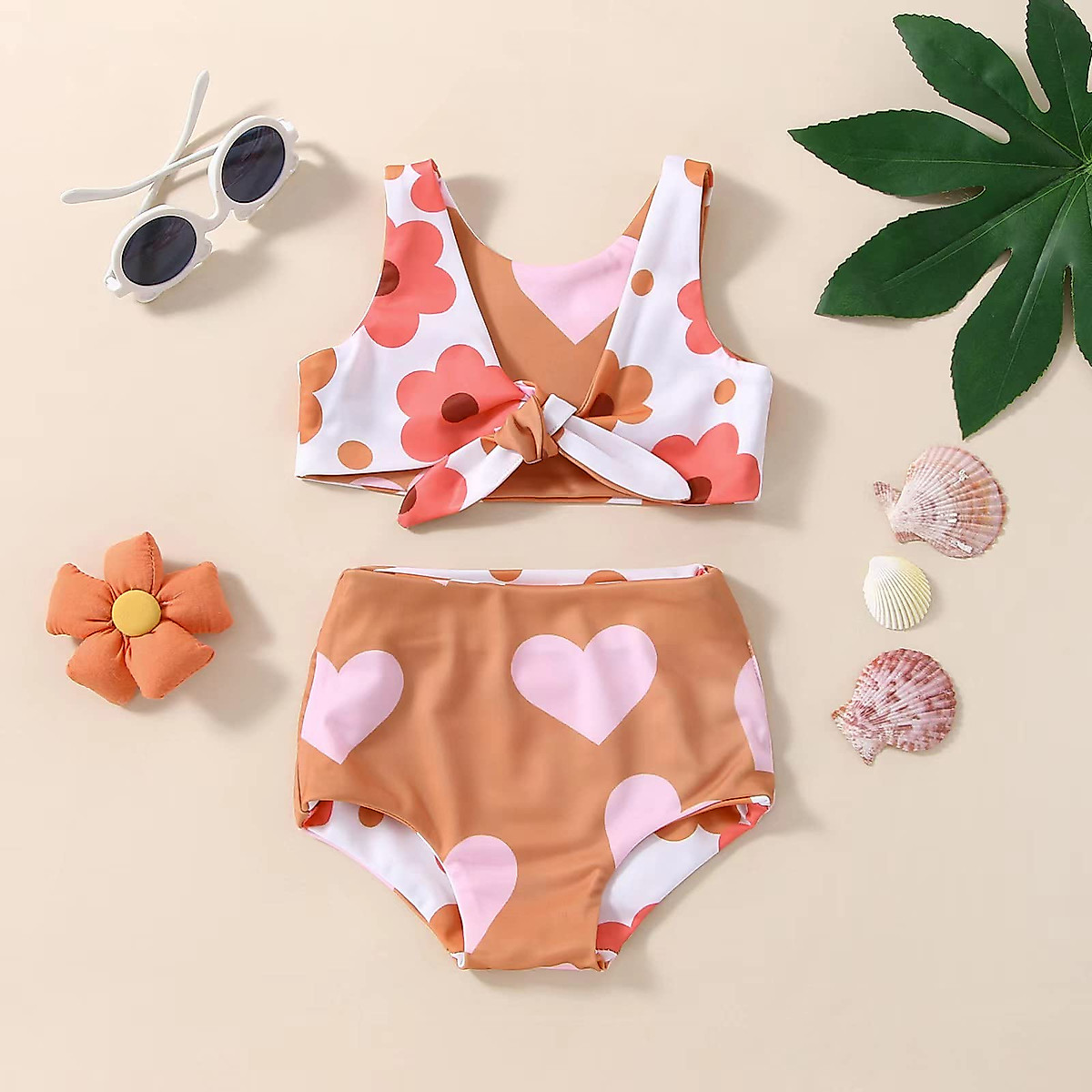 Newborn Baby Girls Two Piece Swimsuit Floral Heart Print Knotted Swim Top Bottom Tankini Bikini Set Infant Bathing Suit Girl (Floral&Heart,0-6 Months)
