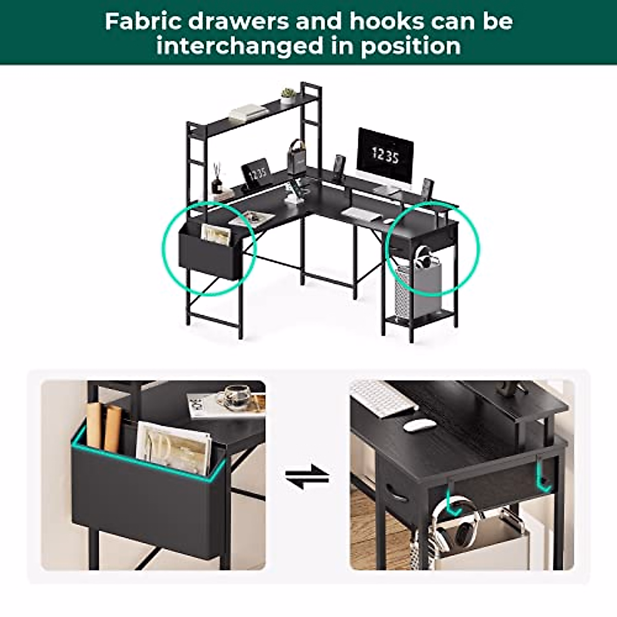 Huuger L Shaped Desk Gaming Desk with LED Lights & Power Outlets, Computer Desk with Storage Shelves, Corner Desk Home Office Desks for Bedroom, Black