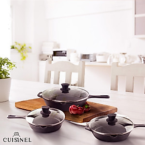 Cuisinel 8"+10"+12"-Inch Cast Iron Skillets Set with Glass Lids + Silicone Handle Holder Covers + Pan Scraper - Pre-Seasoned Oven Cookware - Use Indoor/Outdoor, Grill, Stovetop, Camping Fire, Oven