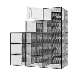 LUTSPC 12 Pack Shoe Boxes Clear Plastic Stackable, Shoe Storage with Magnetic Door, Shoe Organizer for Closet, Space Saving Stackable Shoe Container for Entryway, Under Bed, Wardrobe, Bathroom Storage (Black)