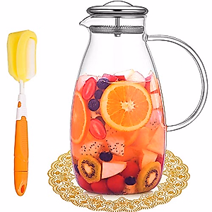 [90 OZ] Glass Pitcher with Stainless Steel Lid, Hot/Cold Water Jug, Juice and Iced Tea Borosilicate Glass Beverage Carafe, 100% Lead-free