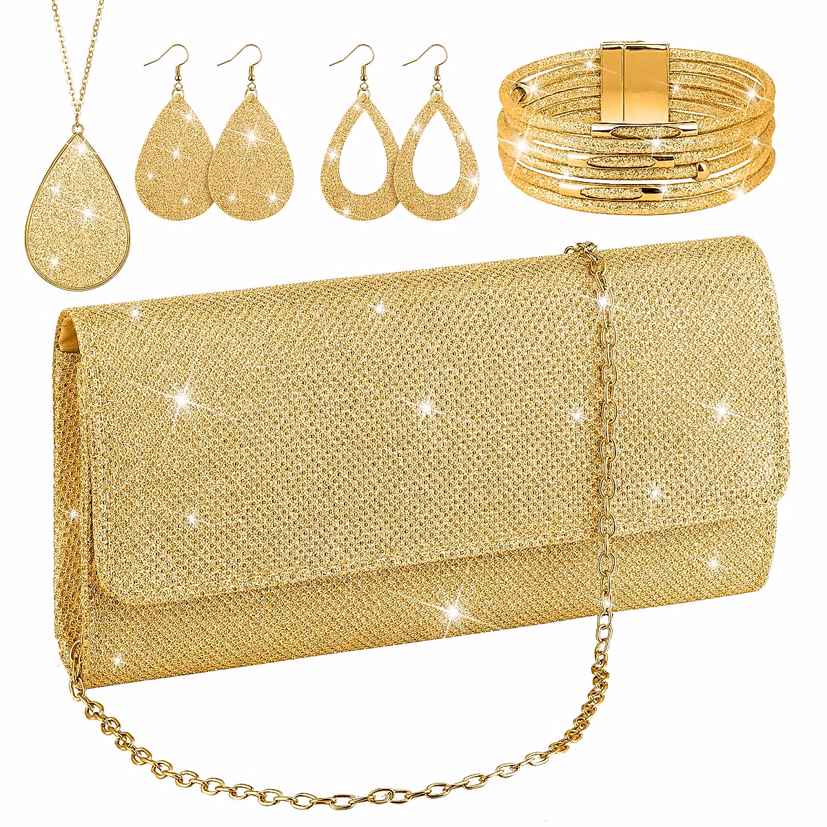 Sotiff 5 Pcs Women Evening Clutch Purse Party Handbag Jewelry Set Necklace Bracelet Earring for Girlfriend Valentines Gifts(Gold)