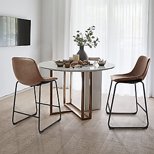 Rfiver Pu Faux Leather Bar Stools Set of 2, Industrial Pub Barstools with Back and Footrest, Modern Armless Bar Height Stool Chairs (Brown, 24" Counter Chair x2)