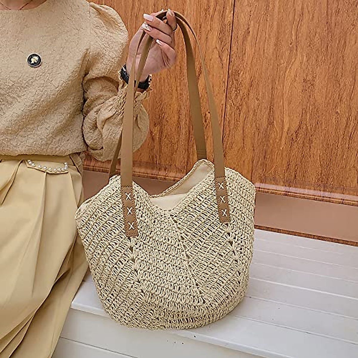 NIBD Hand-woven Soft Large Straw Shoulder Bag Retro Boho Tote Bags Summer Beach Woven bag Rattan Handbag (Off-white)