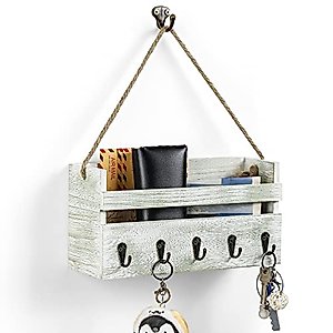 NORCEESAN Mail Sorters Wall Mail Holder Hanging Wooden Mail Rack with 5-Hooks Up Mail Shelf Small White Holder for Wall Decorative for Kitchen Corridors Living Room