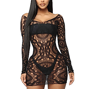 Dewinya Women's Fishnet One Size Lace Babydoll Chemise Lingerie Black (Black 1, One Size)