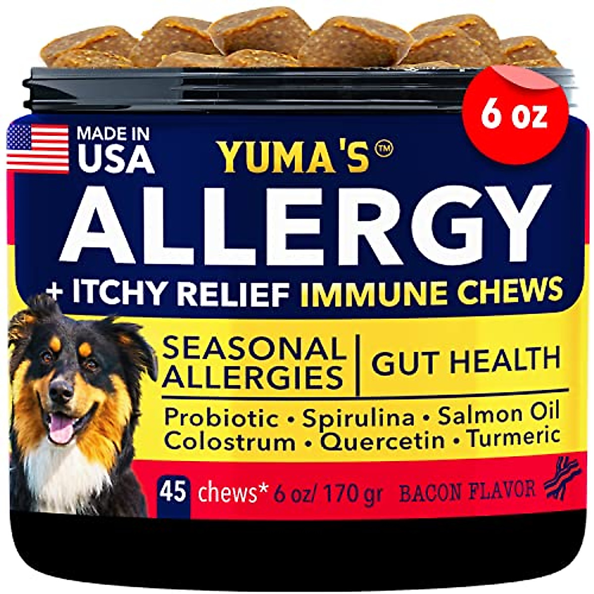 YUMA'S Dog Allergy Relief, Itchy Skin Relief - Seasonal Allergies - Omega 3 Salmon Oil+ Probiotics+Spirulina, Colostrum, Anti Itch Support (Bacon, 45 Chews)