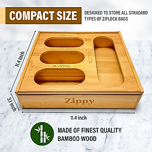 Zippy Bamboo Ziplock Bag Organizer for Drawer – 4 Labeled Compartment Bamboo Kitchen Food Storage Plastic Bag Organizer Holders, Gallon Quart Snack Sandwich and Slider Storage Bag Organizer