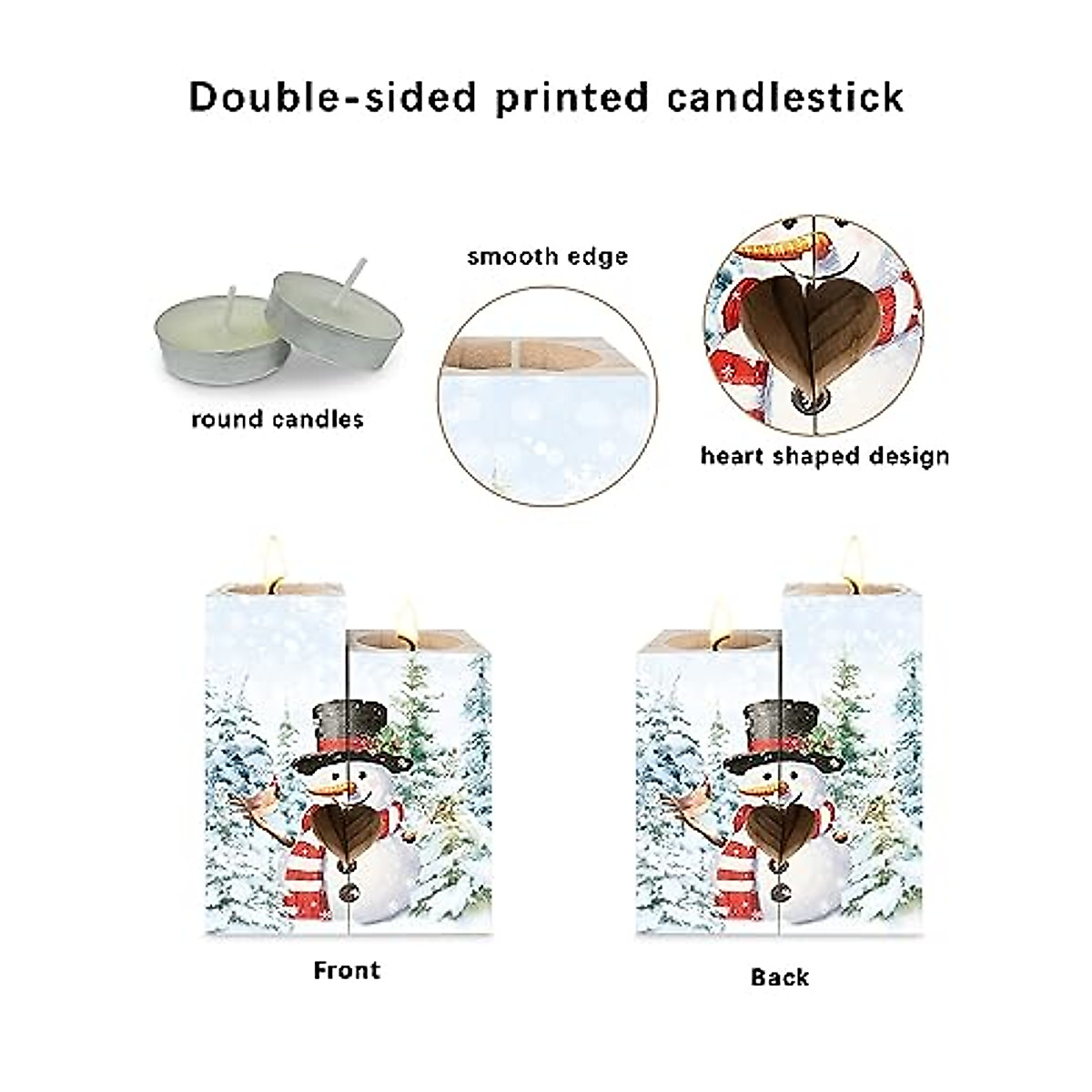 Winter Snowman Candle Holder with Tea Light, Vintage Wood Tealight Candle Stick Holder Pillar Centerpiece, Heart-Shaped Tall Wooden Tea Light Candle Holders Decor Set Winter Christmas Snowflake