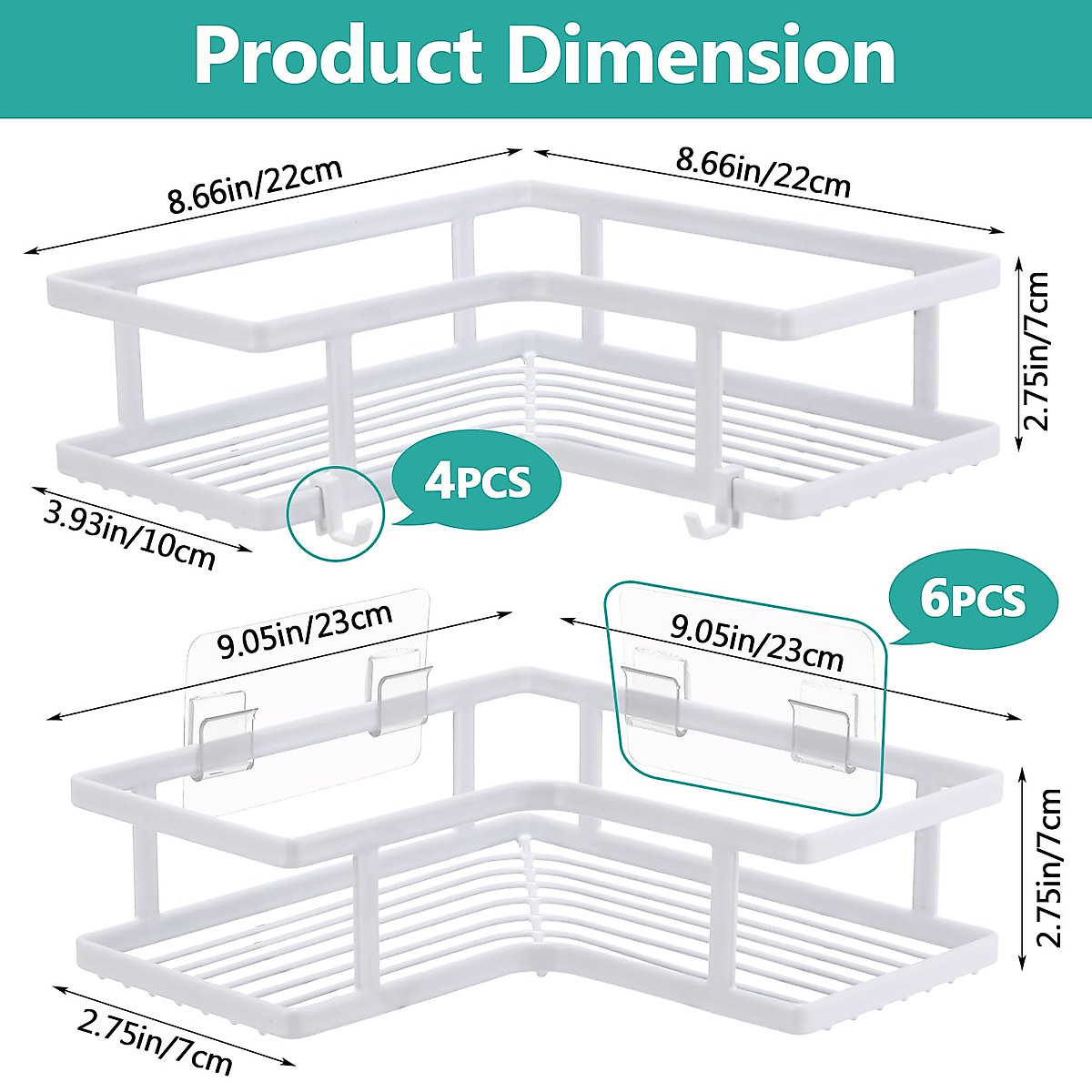 TORZCT Corner Shower Caddy 2pcs Adhesive Shower Shelves Organizer Rustproof Stainless Steel Shower Rack with 2 Hooks No Drilling Needs Bathroom Shelve Organizers for Bathroom,Kitchen Storage Rack