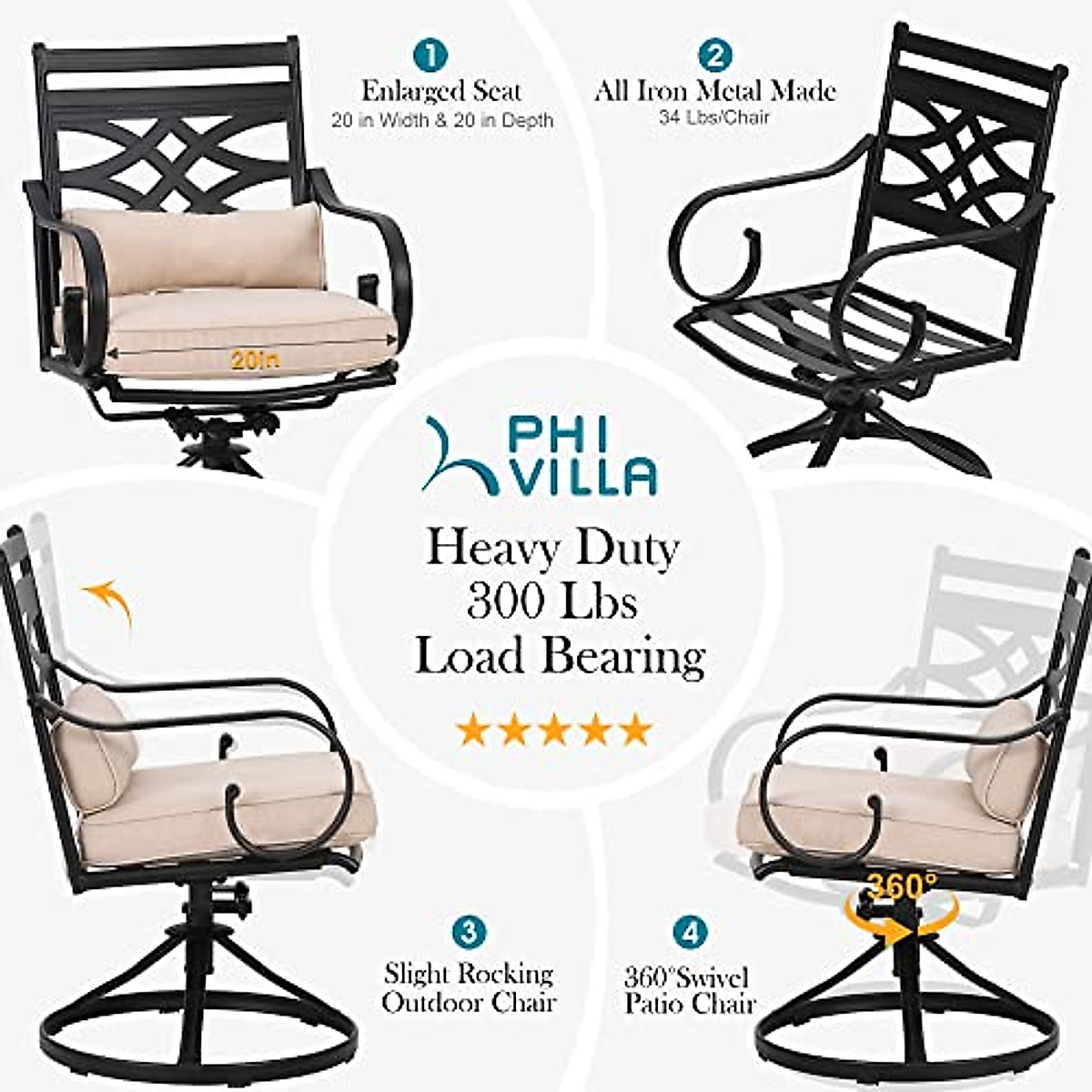 PHI VILLA Patio Dining Set for 6, 7 PCS Outdoor Dining Sets-1 Rectangle 39"x64" Dining Table (1.57in Umbrella Hole) & 6 Swivel Dining Chairs,Metal Patio Furniture for Outdoor Kitchen Lawn and Garden
