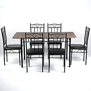 FurnitureR 7-Piece Dining Table Set for Home Kitchen Small Space, Breakfast Nook with 6 Chairs, Retro Brown PU Seat Metal Leg