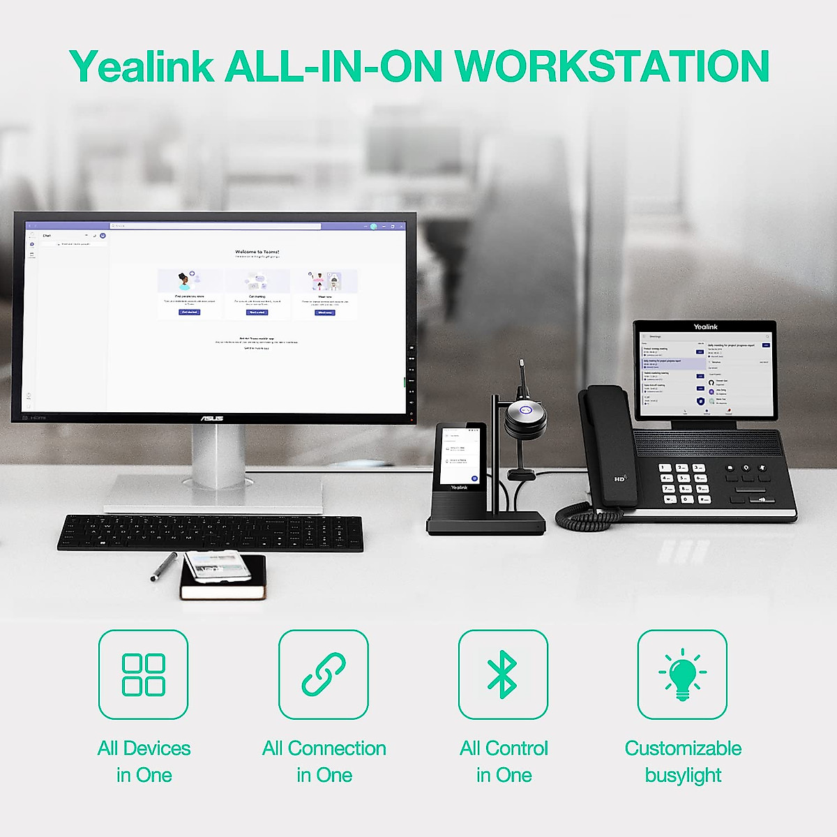 Yealink WH66 Wireless DECT Headset Teams Certified, Office Single Ear (Mono) Headset for Desk Phone and PC, Cell Phone via Bluetooth, Speakerphone, 4.0-inch Touch Screen,13H Talktime,525 ft Range