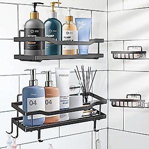 Homarkable 4-Pack Adhesive Shower Caddy, Wall Mounted Bathroom Shower Shelves with Soap Holder, No Drilling Stainless Steel Shower Organizer for Inside Shower & Kitchen Storage, with 4 Hooks (Black)