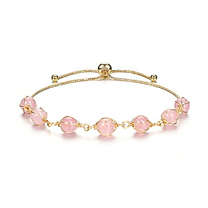 PESOENTH Pink Rose Quartz Crystal Healing Bracelet Women Natural Gemstone Beads Anxiety Yoga Medititaion Spiritual 14K Gold Bracelet Jewelry