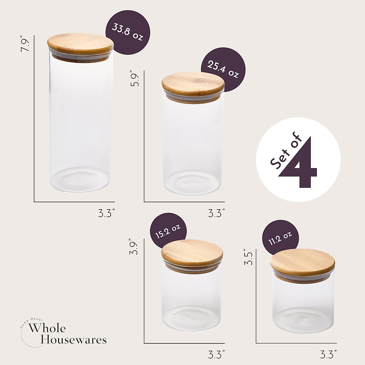 WHOLE HOUSEWARES Glass Jars with Bamboo Lids - 4-Piece Modular Set (33.8oz, 25.4oz, 15.2oz, 11.2oz) with Modern Wooden Lids - Transparent, Fresh & Convenient Air Tight Pantry Storage Containers