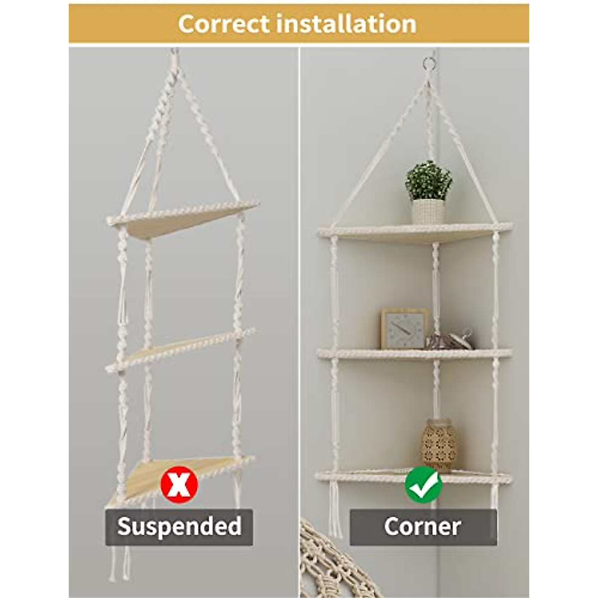 Mazjoaru Macrame Corner Shelves 3 Tier, Boho Handmade Woven White Rope Beige Hanging Floating Shelf Decor Display Storage Organizer for Bedroom Bathroom Office Living Room