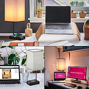 Bedside Lamp with USB Ports & AC Outlets, 15W Wireless Charger Table Lamp with Clock, 3 Way Dimmable Nightstand Lamps for Bedroom Living Room,Touch Lamp with Charging Station,Grey Shade & Black Base