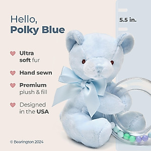 Bearington Baby Polky Blue Plush Stuffed Animal Teddy Bear Shaker Toy Ring Rattle, 5"