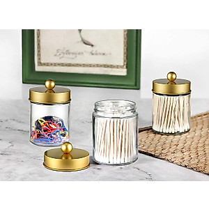 Amolliar Apothecary Jars Bathroom Storage Organizer -Countertop Storage Organizer Canister Jar - Cute Qtip Dispenser Holder Glass with Lid- for Cotton Swabs,Bath Salts,Hair Band / 2-Pack(Gold)