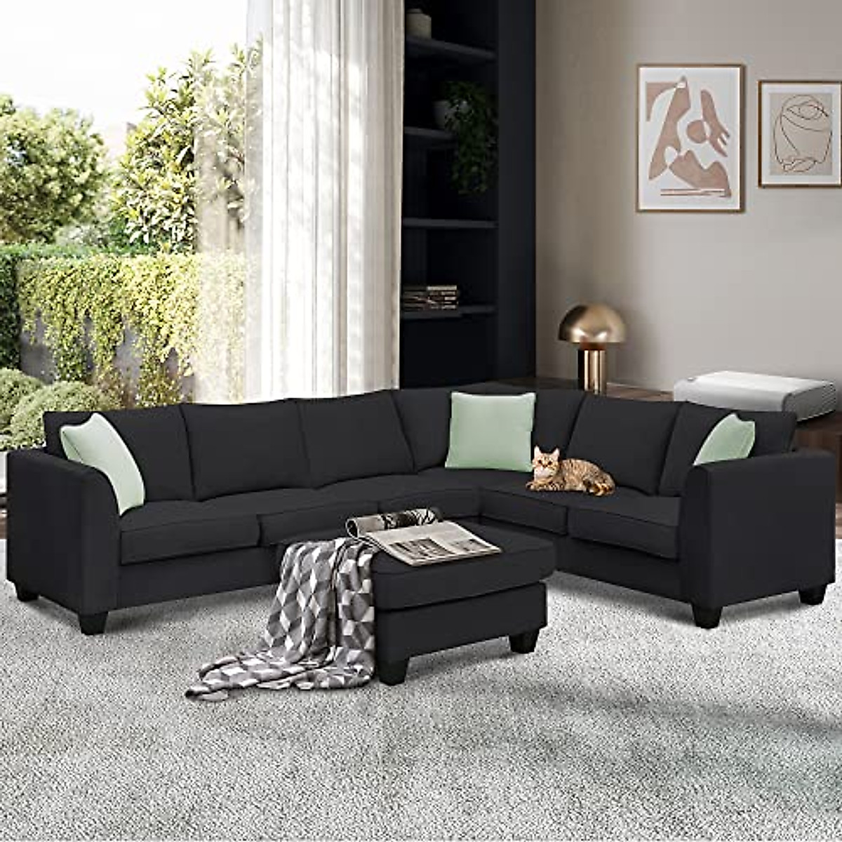 FIQHOME 7-Seat Reversible Chaise, L Shaped Ottoman, Living Room, Modular Sectional Fabric Sofa Corner Couch Set with 3 Pillows, Black