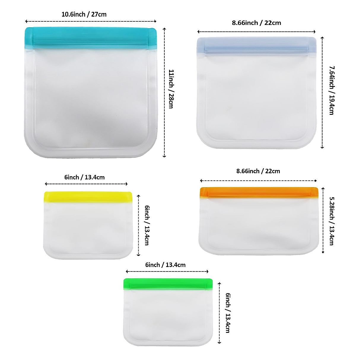ZOHOJOV14 Food Storage Bags,BPA FREE Freezer Bags,reusable zip lock bags,Extra Thick Leak-proof Silicone Bags,for Marinate Meats, grains,sandwiches, family organizations, travel items（5 colors，4 sizes