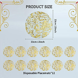 Snowkingdom Disposable Gold Placemats Set of 12 Metallic Round 13 Inch Gold Foil Mesh Pressed Fall Table Mates 12 Pack Gold Doilies for Dining Table Wedding Birthday Party Holiday Home Decoration