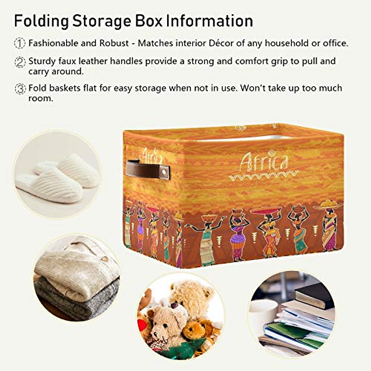 ALAZA Decorative Basket Rectangular Storage Bin, Ethnic African Woman Organizer Basket with Leather Handles for Home Office