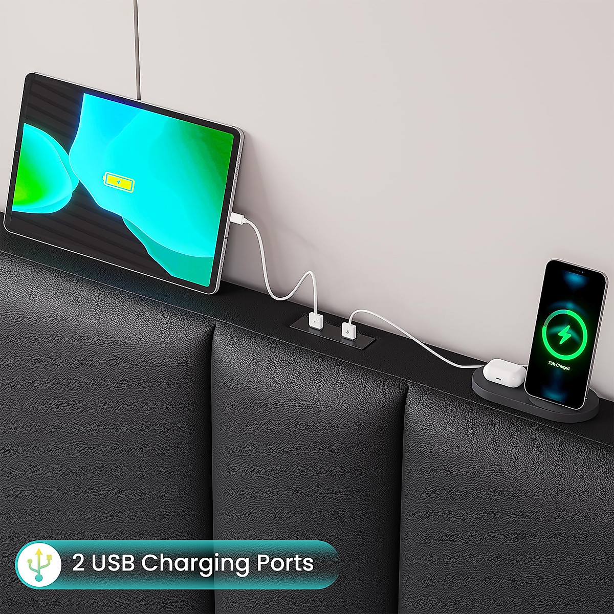 MSmask Queen Platform Bed Frame, Floating Bed with LED Lights, Faux Leather Upholstered Headboard, 2 USB Ports, Under-Bed Storage, No Box Spring Needed, Black