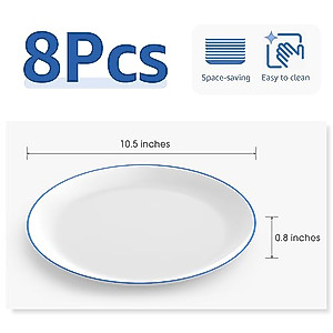 HomeElves Dinner Plates Set of 8, 10.5 inch Opal Glass Plate Set, Lightweight Kitchen White Plates, Break and Chip Resistant, Safety for Microwave & Dishwasher,Blue Rim