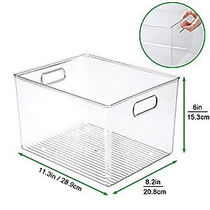 Zeeych Clear Deep Pantry Organizer Bins Household Plastic Food Storage Basket with Cutout Handles for Kitchen,Office, Cabinets, Refrigerator, Freezer, Bedrooms, Bathrooms - 11” L × 8” W × 6” H