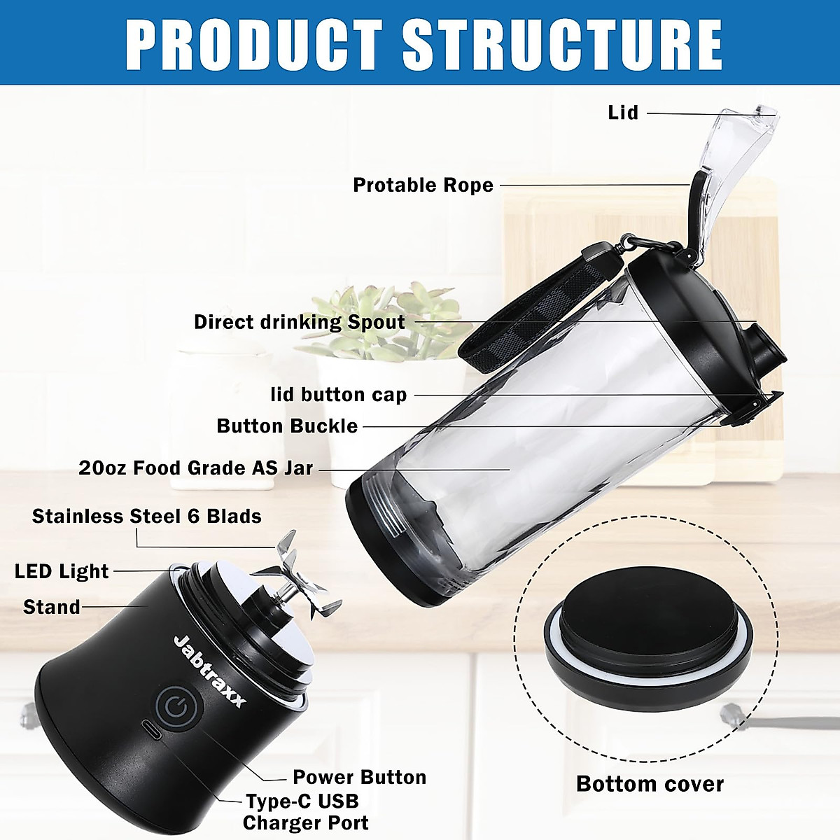 Jabtraxx Portable Blender,Personal Size Blender for Shakes and Smoothies with 6 Blades,20 Oz Mini Blender Cup with Travel Lid and USB Rechargeable for Office, Gym, Kitchen (Black)