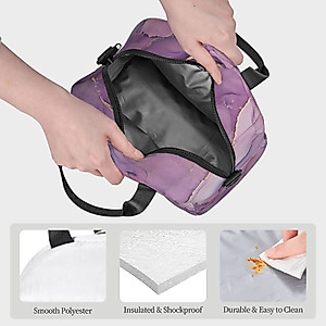 Purple Marble Lunch Bag Women Men Insulated Lunch Box With Adjustable Strap Zippered Lunch Tote Bag For Work Picnic Or Beach Water-Resistant Fabric With Exterior Pockets