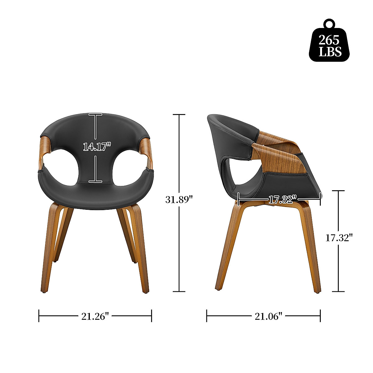 Art Leon Desk Chair No Wheels - Mid Century Modern Chair, Faux Leather Upholstered Office Chair with Wood Legs for Living Room Bedroom, Walnut Bentwood, Black