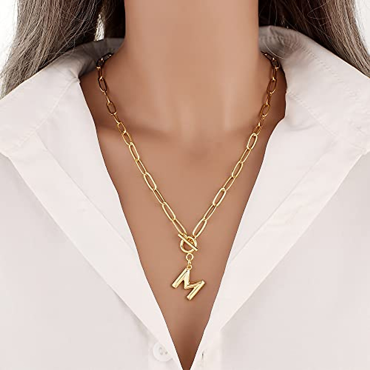 Eben-Ezer Toggle Clasp Capital A-Z Initial Necklace for Women Hiphop Gold Alphabet Pendant Necklaces Thick Chain OT Buckle Necklace(M)