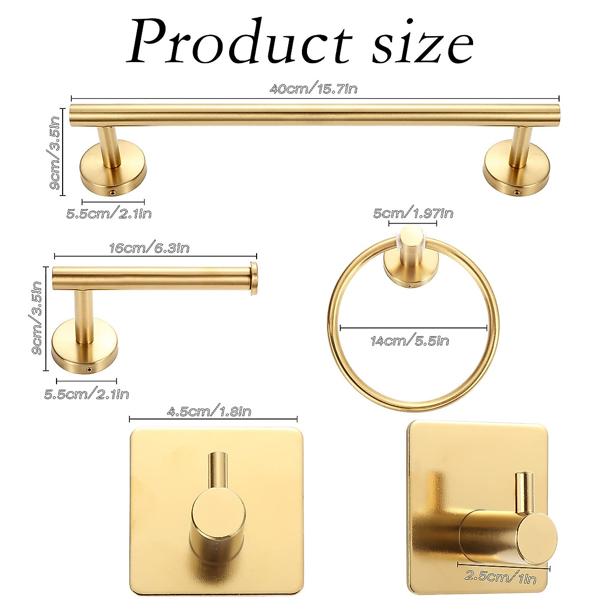 10 Pcs Matte Bathroom Hardware Set SUS304 Bathroom Hanger Set 16 Inch Hand Towel Bar Towel Holder Toilet Paper Holder Angled Hook 2 Robe Towel Hooks Wall Mounted Bathroom Accessory (Gold)