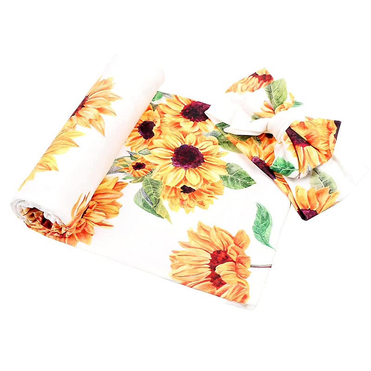 Galabloomer Newborn Sunflower Receiving Blanket Headband Set Baby Flower Rose Swaddle with Big Bow