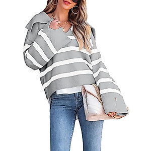 Dokotoo Fall Tops for Women 2023 Trendy Long Sleeve Knitted Striped Autumn Ladies Fashion Pullover Cashmere Sweaters Gray