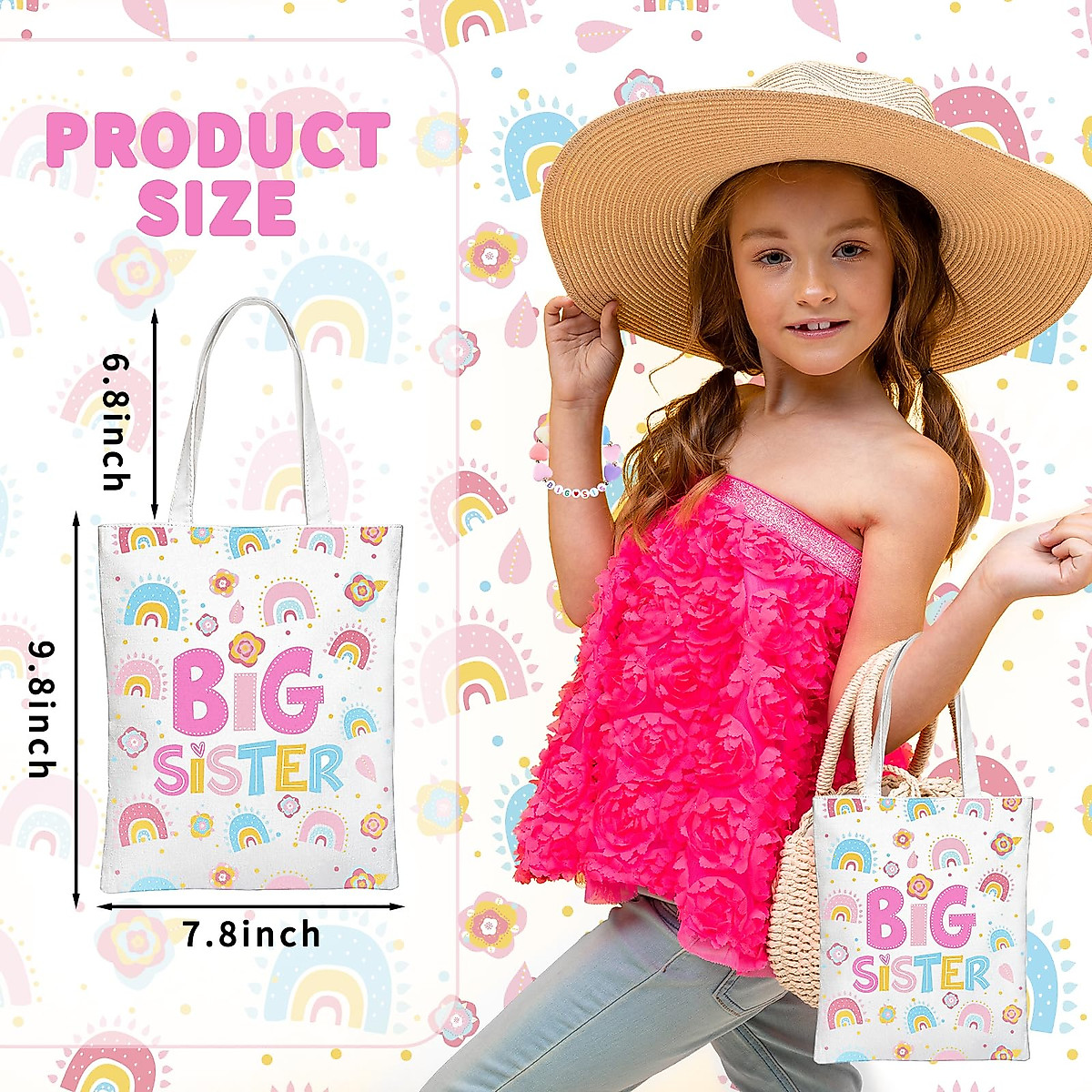 3 Pcs Big Sister Gift 12 oz Pink Sister Cup Insulated Acrylic Tumbler Big Sister Mini Canvas Tote Bag Big Sister Bracelet for Little Girl