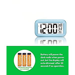 KAIJIELY Upgraded Digital Alarm Clock, 4.3" LED Display with Temperature Larger Lound Light Control Portable Snooze Calendar Brightness with Battery Powered Alarm Clocks Bedside for Everyone (Blue)