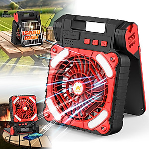 Solar Camping Fan, 15000mAh Outdoor Portable Rechargeable Tent Fan Camping Essentials Personal Cooling Fan Battery Operated with Lights,4 Speed,3 Timers, for Picnic, Hurricane, Fishing, Worksite