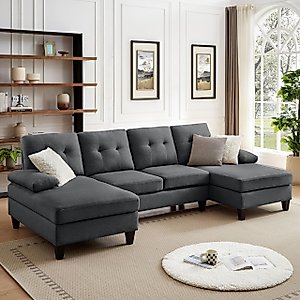 Jarenie U Shaped Couch with Chaise, Modern U Shaped Sectional Sofa Easy to Assemble, U Shape Couch Double Chaise Sofa 100% Polyester & Memory Foam, Dark Grey