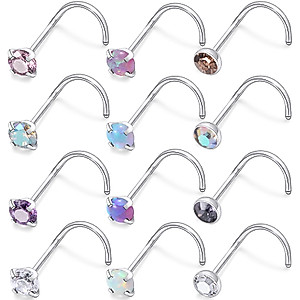 Kridzisw 18G Nose Rings Studs for Women 18 Gauge Surgical Stainless Steel Screw Twist Spiral Corkcscrew Silver Cute Nose Nostril Ring Stud Hook Piercing Jewelry Set Pack Women Men CZ Diamond Opal 2MM