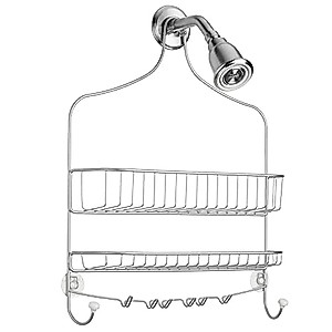mDesign Metal Wire Tub & Shower Caddy, Hanging Storage Organizer Center with Built-In Hooks and Baskets on 2 Levels for Shampoo, Body Wash, Loofahs - Chrome