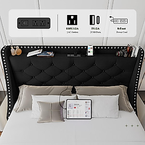Feonase Queen Platform Bed Frame with Type-C & USB Charging Station, Upholstered Wingback & Storage Headboard, Solid Wood Slats, No Box Spring Needed, Easy Assemble, Black